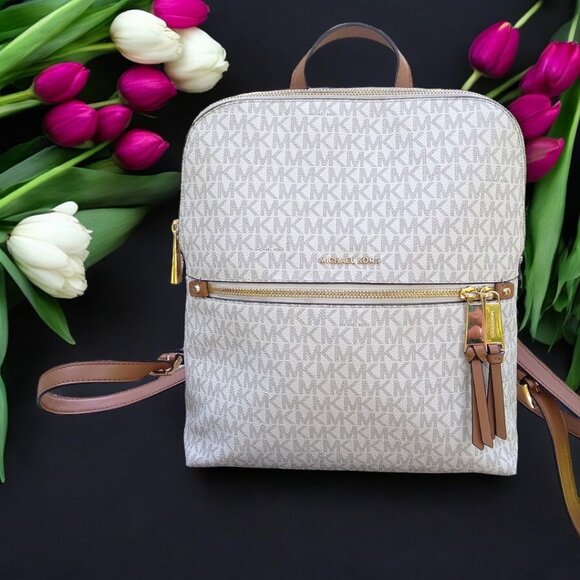 Michael Kors | Bags | Micheal Kors Rhea Vanilla Monogram Backpack Euc ...